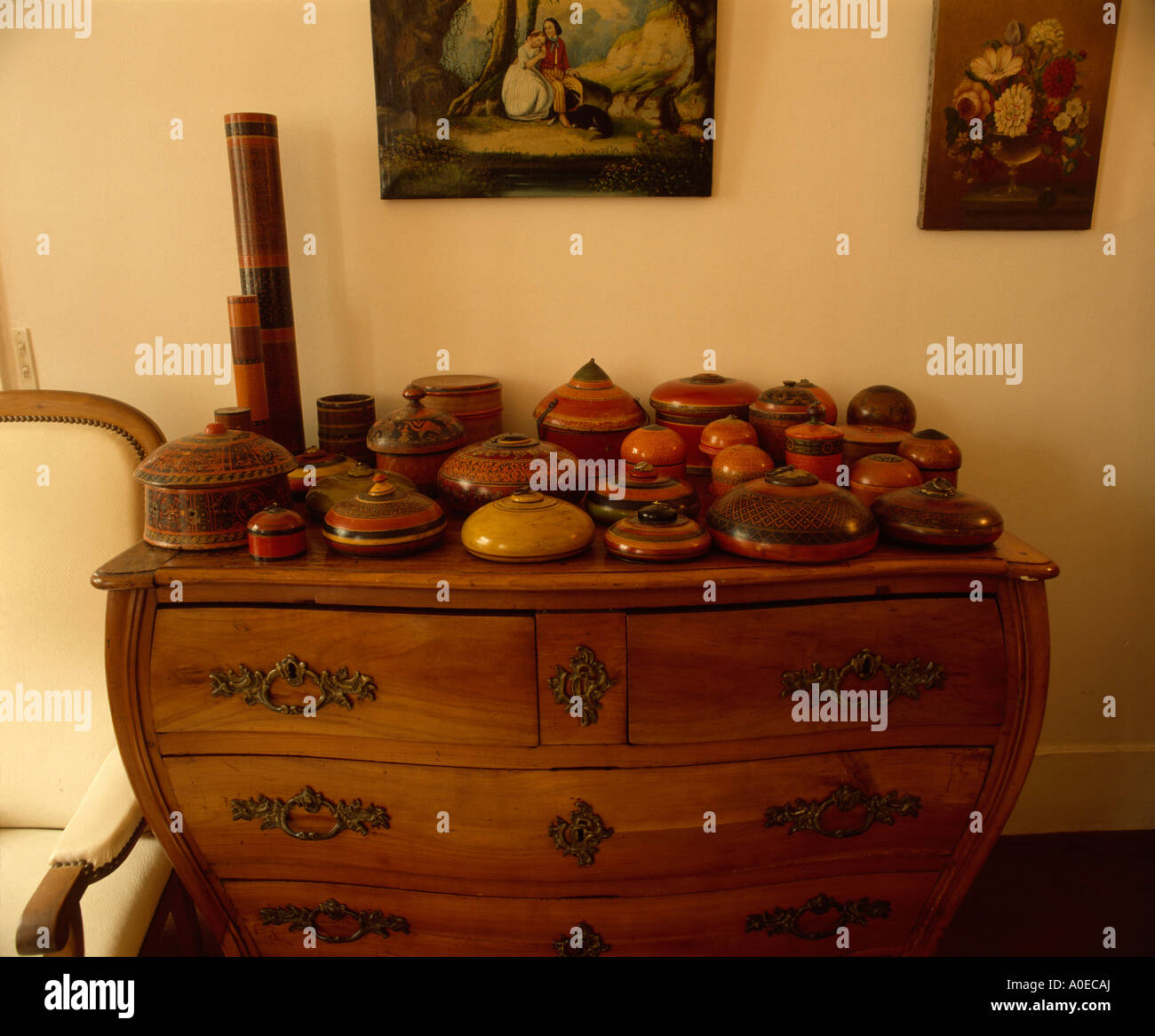 Close-up of collection of antique wooden Treen boxes on antique wooden ...