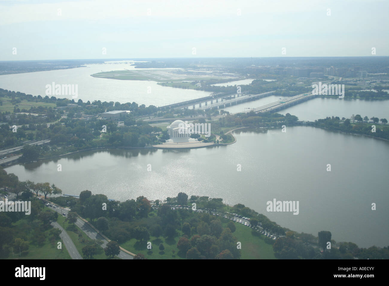 aerial view of Jefferson Monument Tidal Basin and Potomac river from ...
