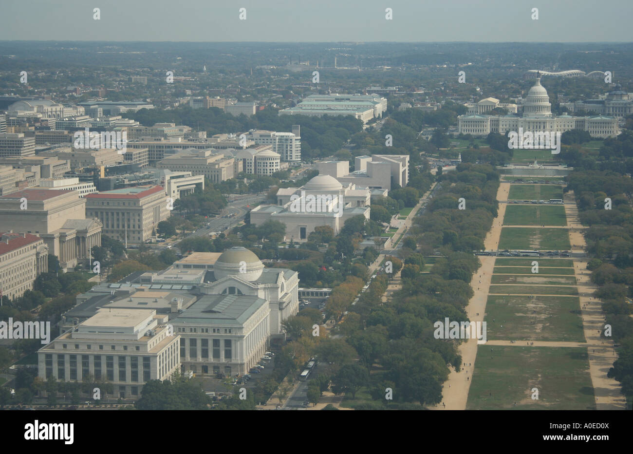 View of Capitol building, museums, government buildings lining the Mall ...