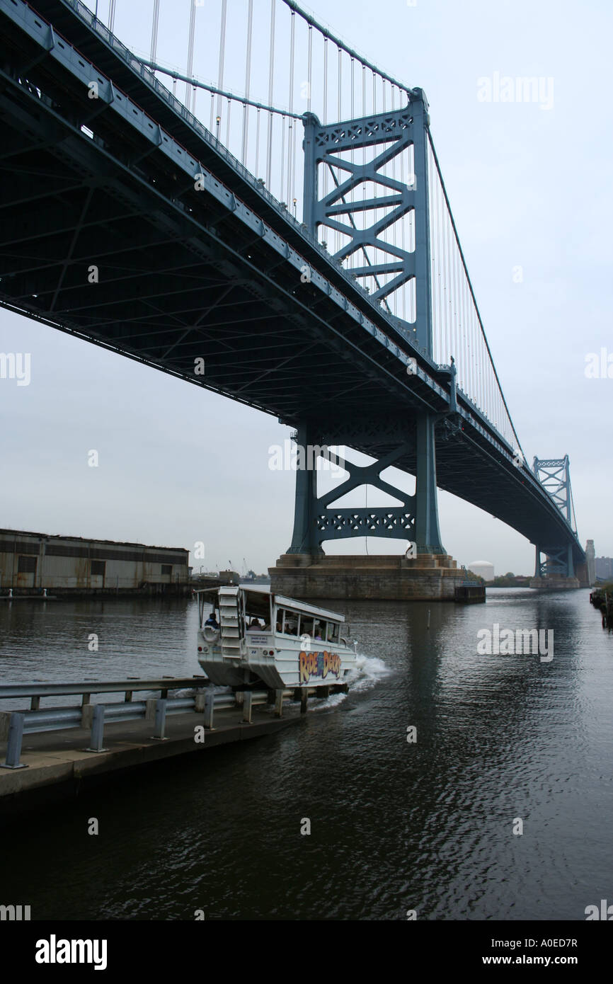 Duck tours amphibious landing craft entering Delaware river near ...