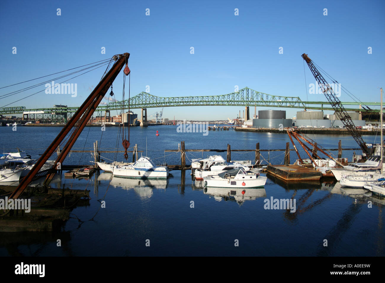 boats, cranes and Tobin Bridge Boston Massachusetts October 2006 Stock ...