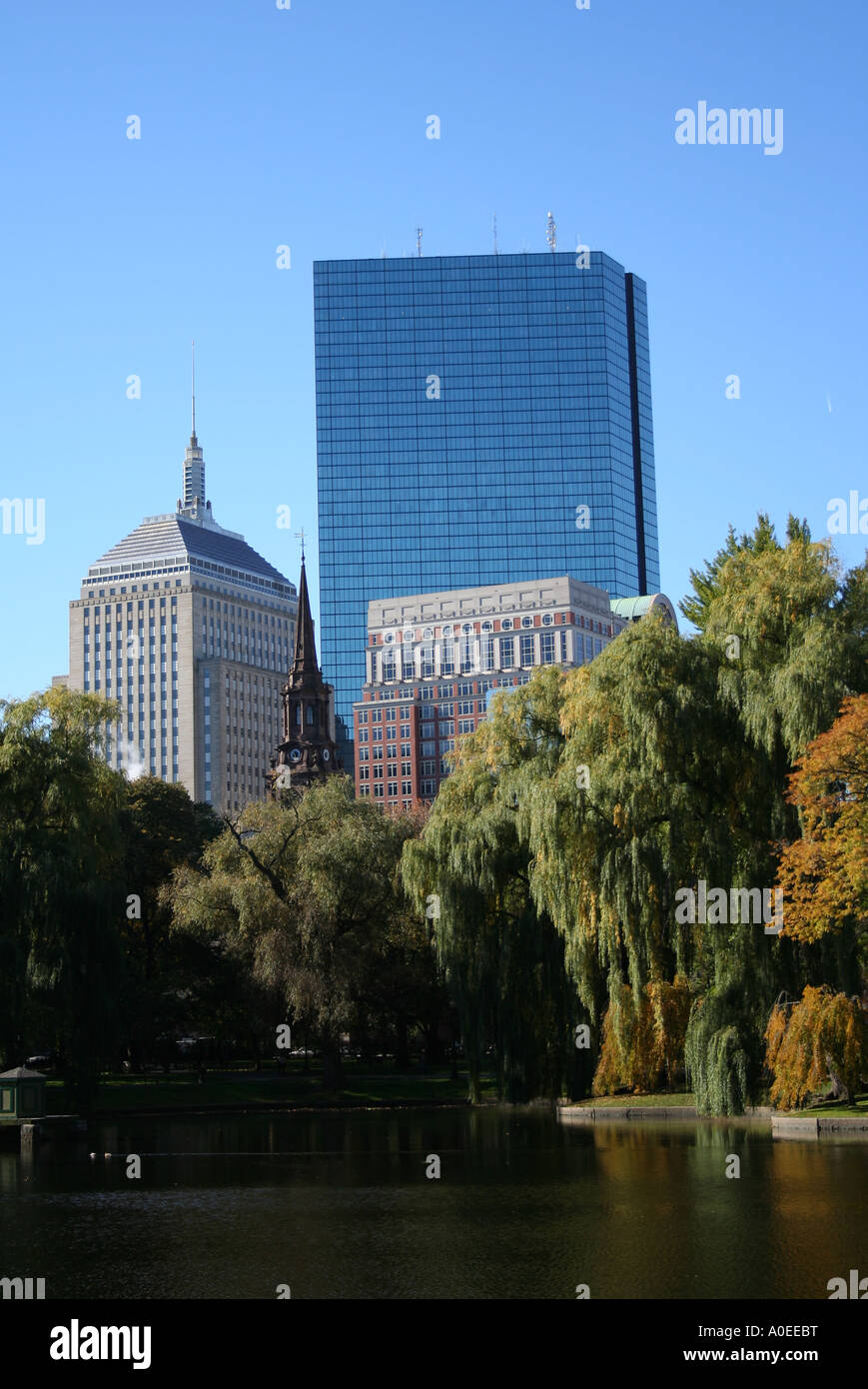 John Hancock tower and pond of Boston common Massachusetts October 2006 ...