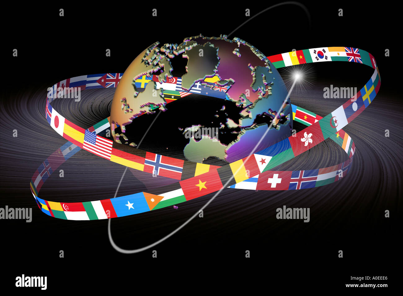 Rings of Flags Around a Globe Model Stock Photo - Alamy