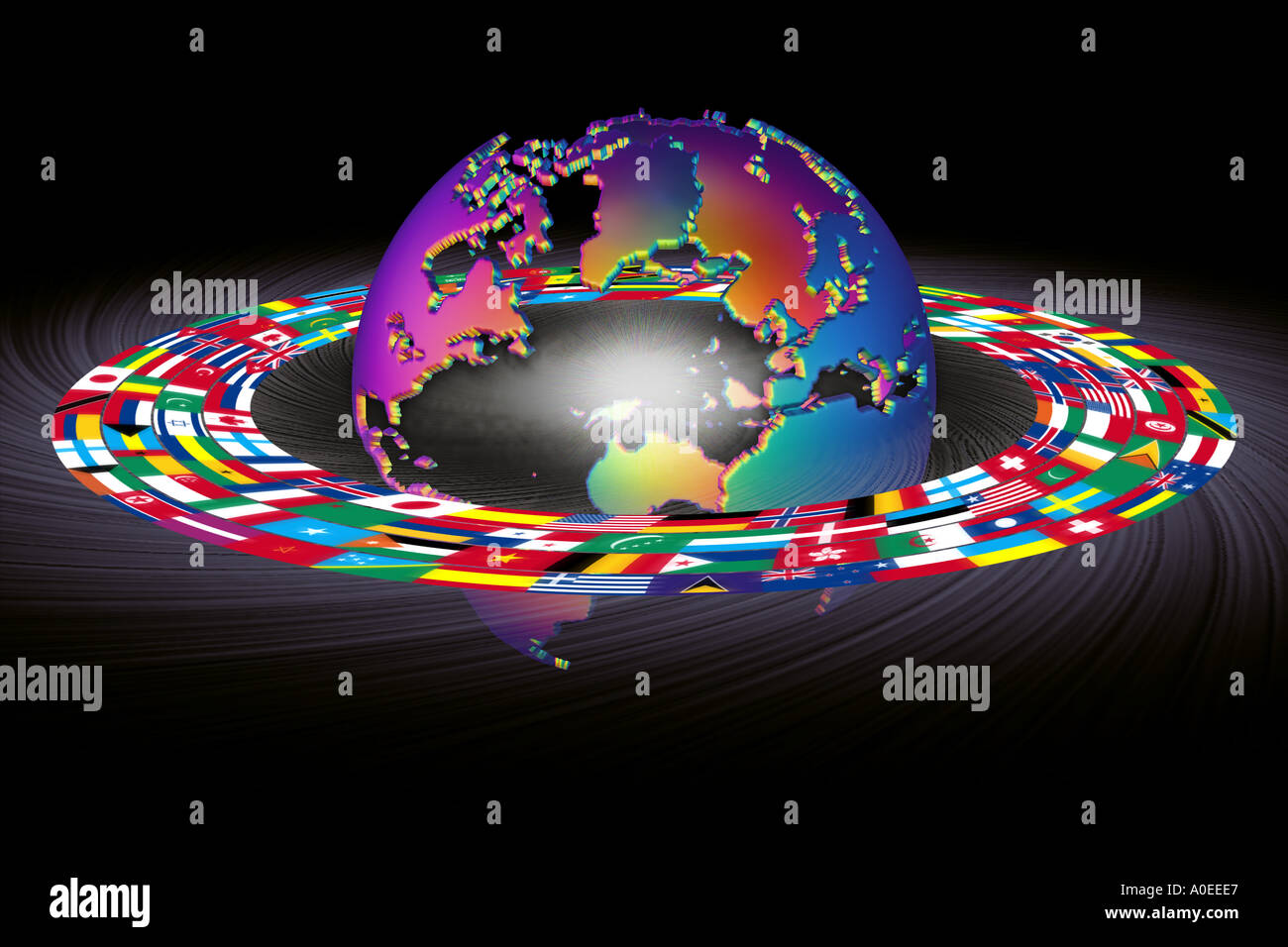 Rings of Flags Around a Globe Model Stock Photo - Alamy
