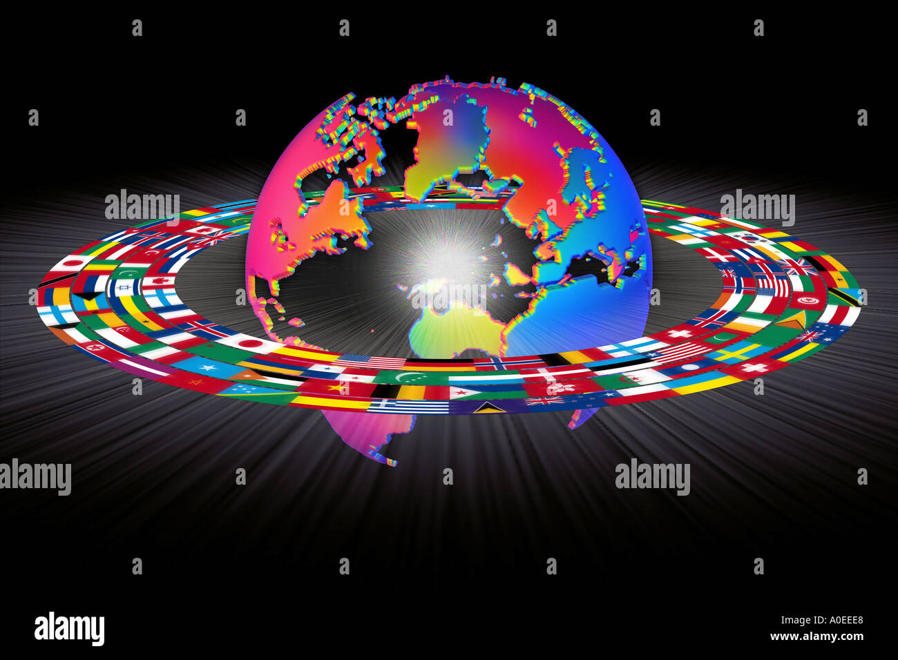 Rings of Flags Around a Globe Model Stock Photo - Alamy