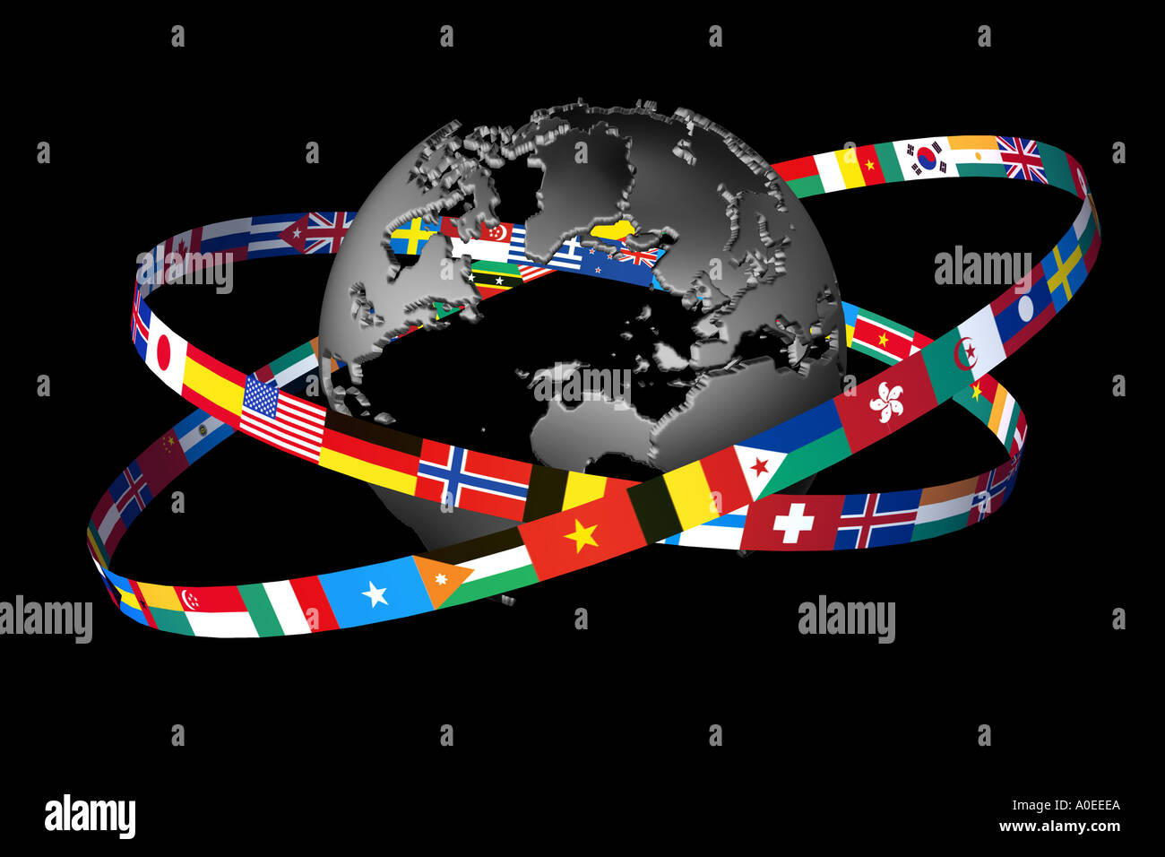 Rings of Flags Around a Globe Model Stock Photo - Alamy