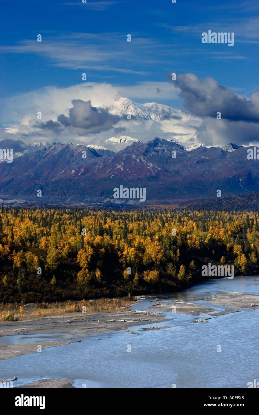 An overview of Mt. Denali in partly cloudy fall day Stock Photo - Alamy