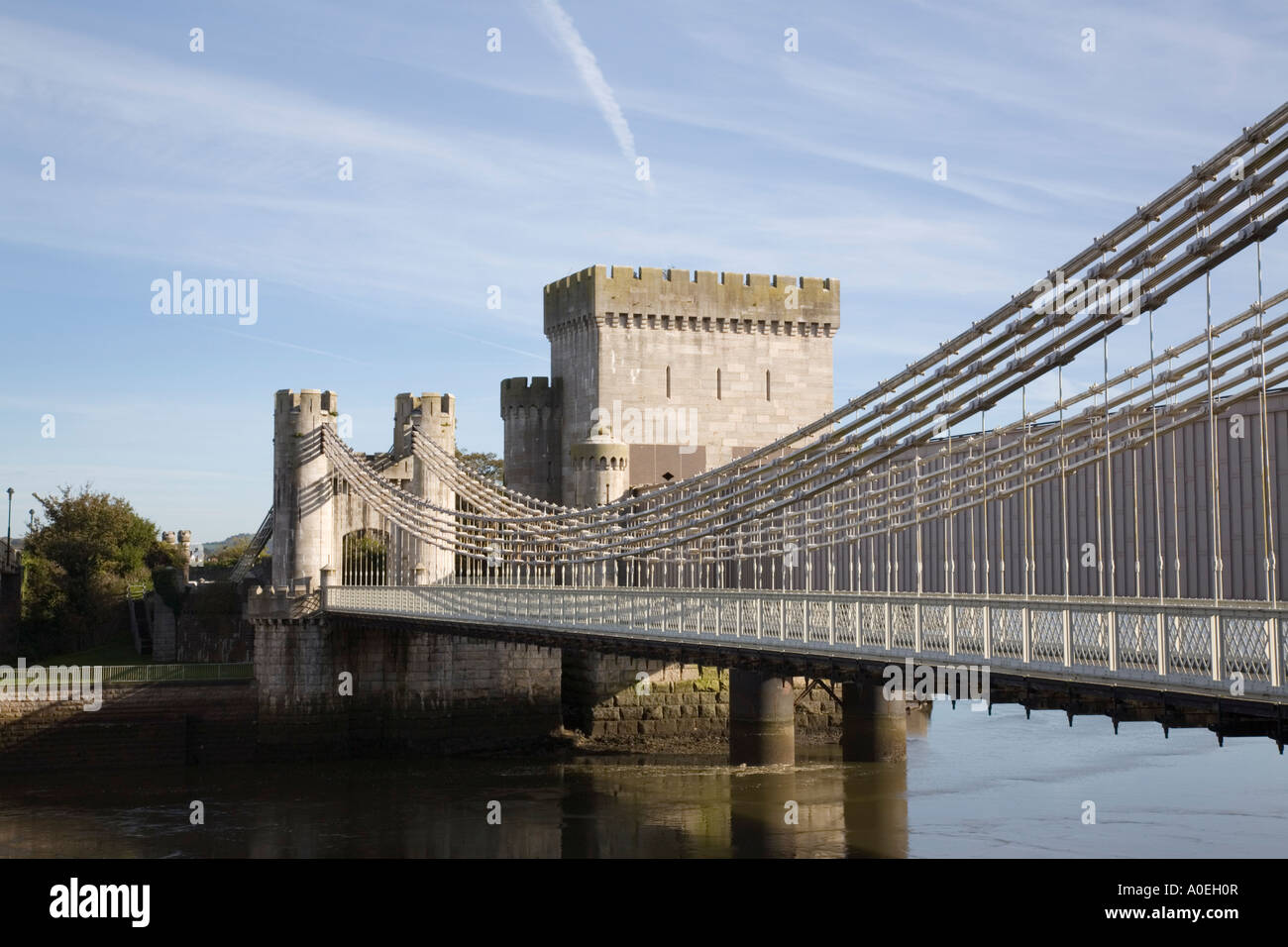 Old road suspension bridge by Thomas Telford across Afon Conwy River ...