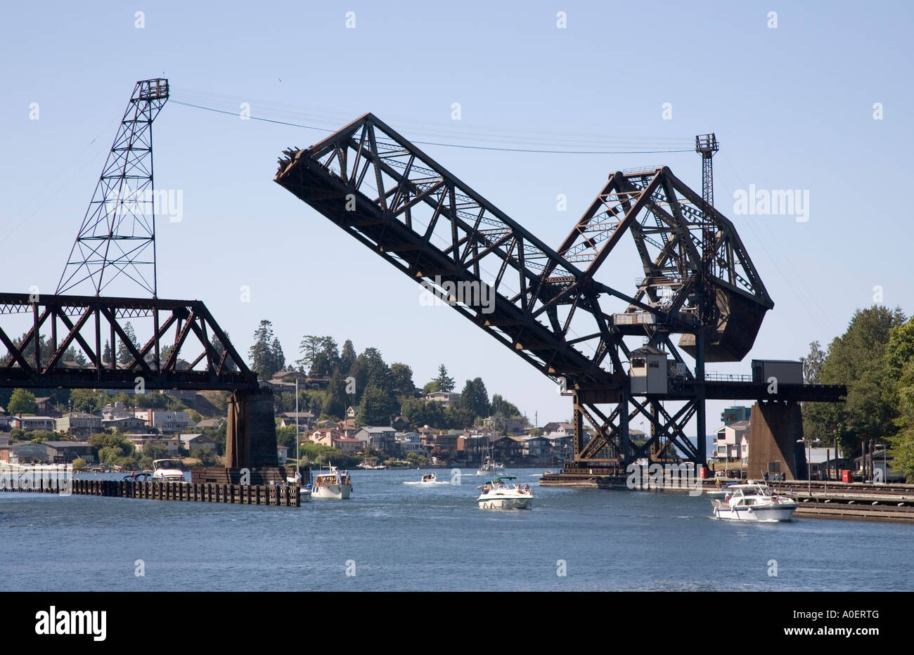 Railway bridge raised over Lake Washington Ship Canal USA Stock Photo ...