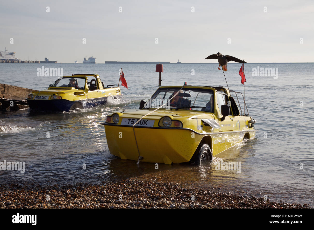 Dutton Commander amphibious cars landing on beach at Dover Stock Photo ...