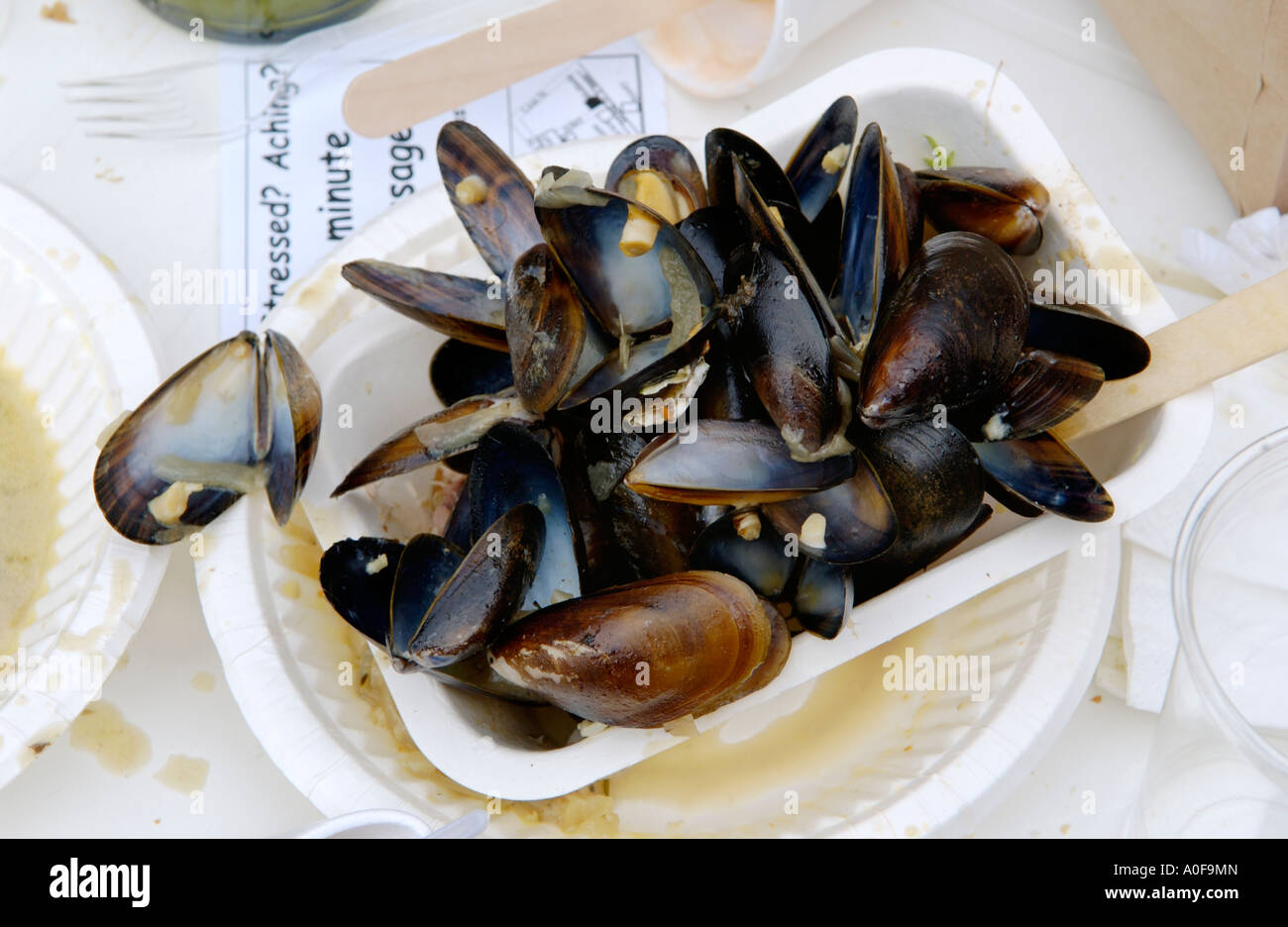 Mussel shells in polystyrene container at the annual Abergavenny Food ...