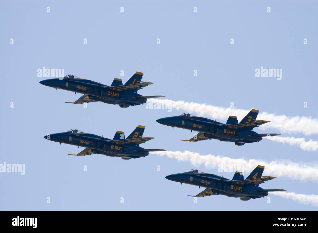 Four F/A 18 from the Blue Angels demonstrator team performing a flyby ...