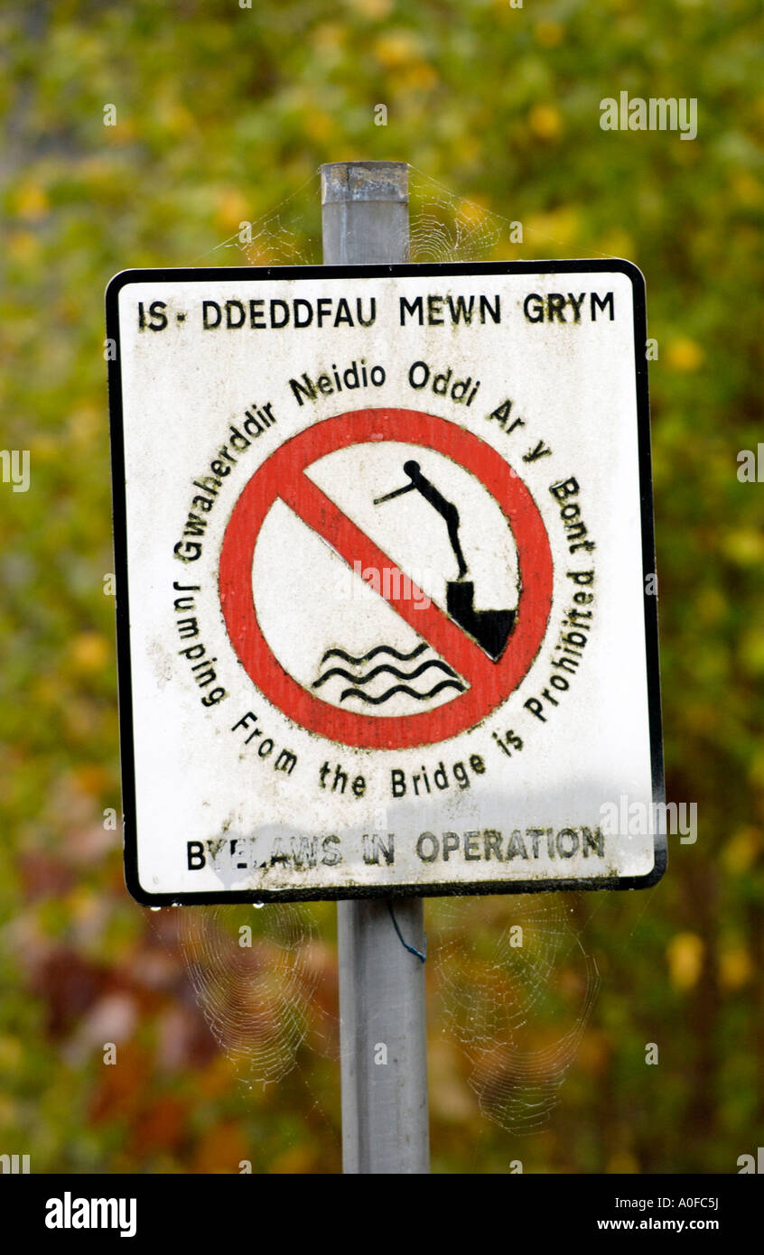 No jumping from bridge sign in Betws y Coed Gwynedd North Wales UK ...