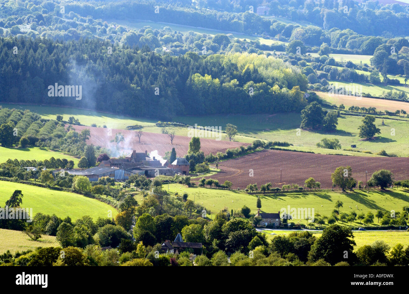 View looking over farmland and woodland in the Teme Valley near ...