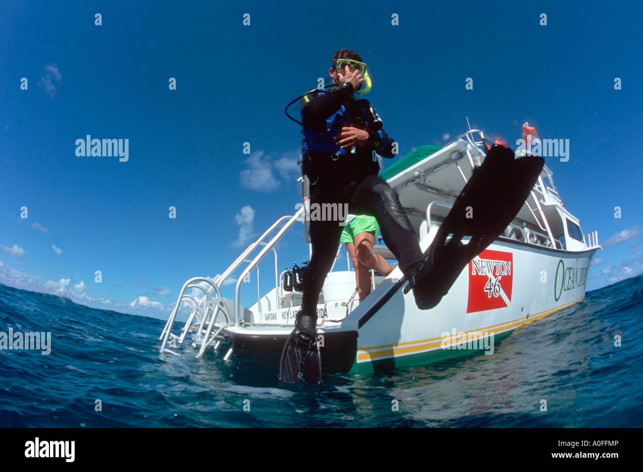 A MALE SCUBA DIVER TAKES A LARGE GIANT STRIDE ENTRY OFF A DIVE VESSEL ...