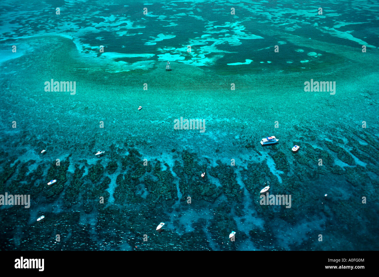 AERIAL VIEW OF BOATS AT MOORING BUOYS AND THE SPUR AND GROOVE CORAL ...