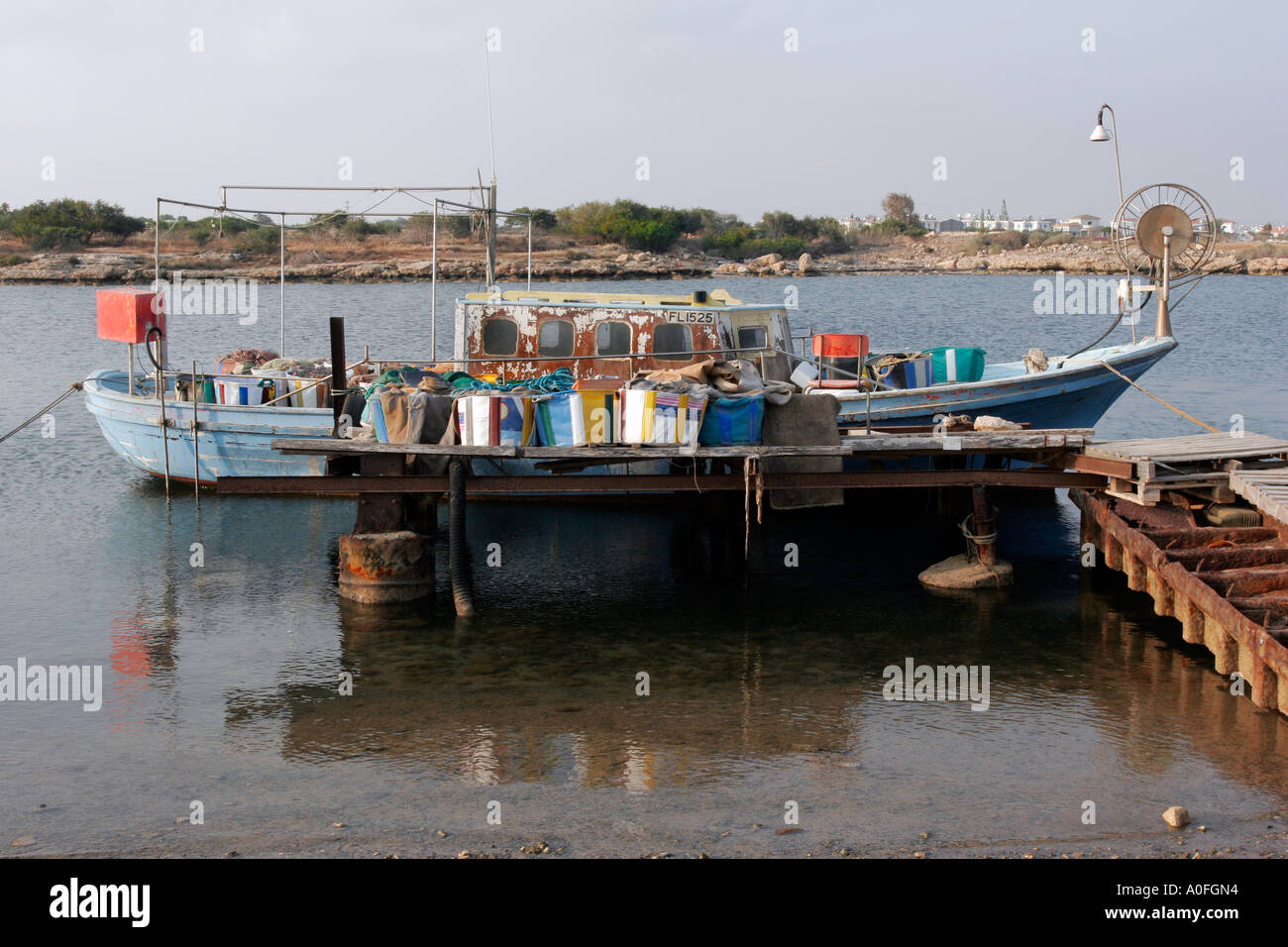 Cyprus scene at Potamos Harbor with a fishing boats moored Stock Photo ...