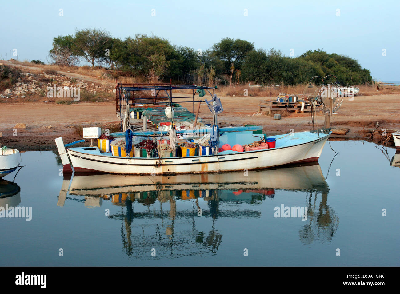 Cyprus scene at Potamos Harbor with a fishing boats moored Stock Photo ...