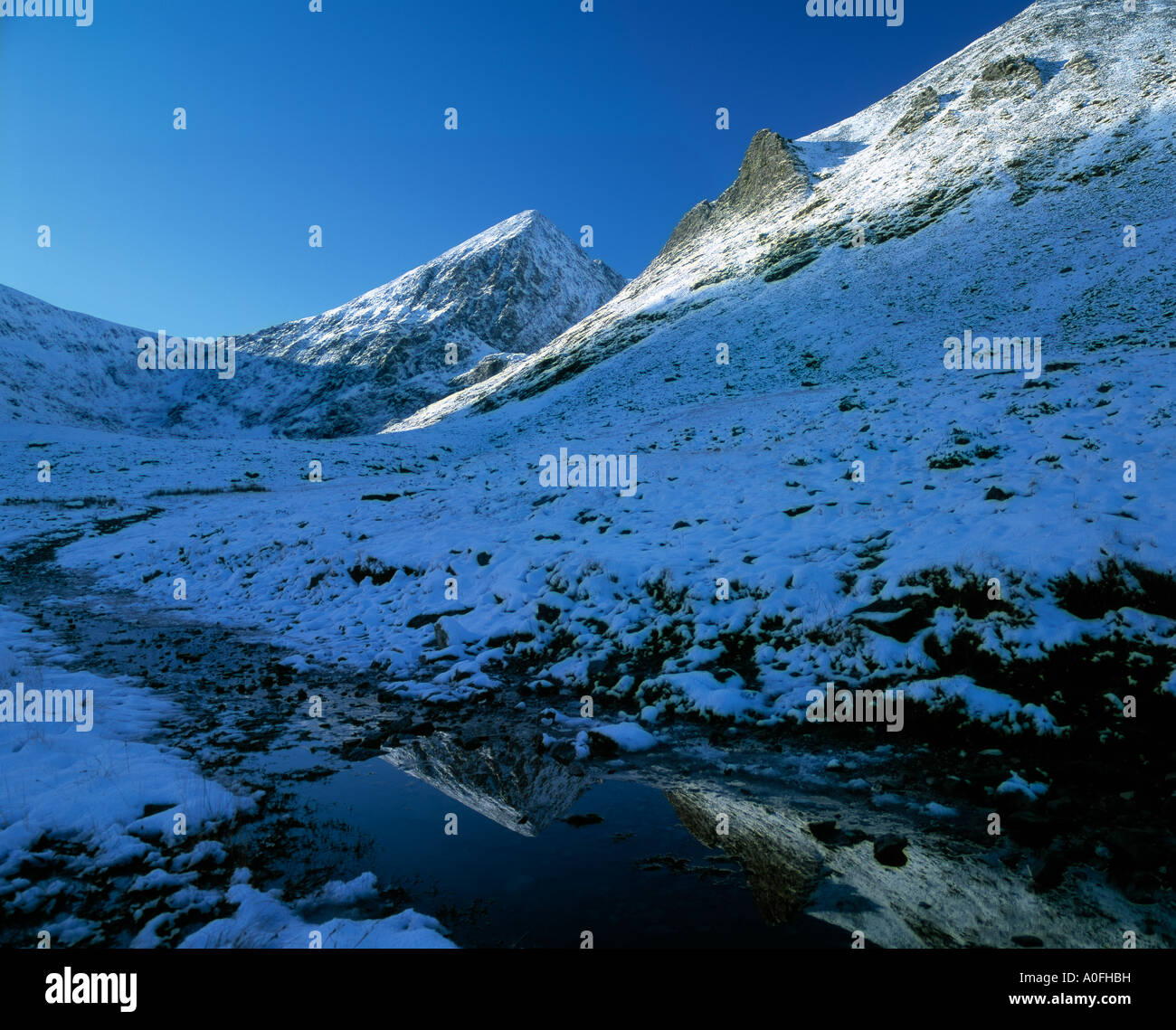 irelands highest mountain range covered in winter snow from the valley ...