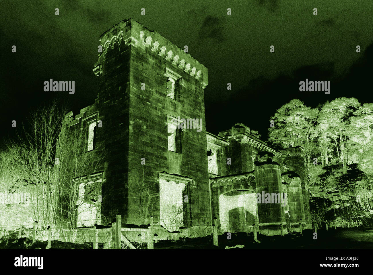 Creepy inverted coloured abstract concept of derelict ruined country ...