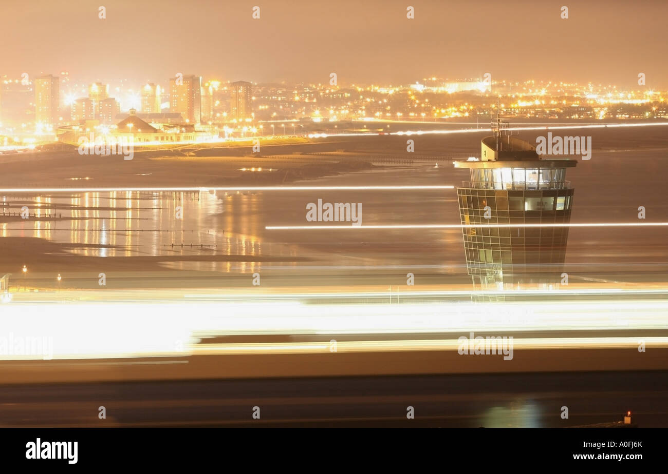 Aberdeen harbour control tower at sunset, showing vessel traffic Stock ...
