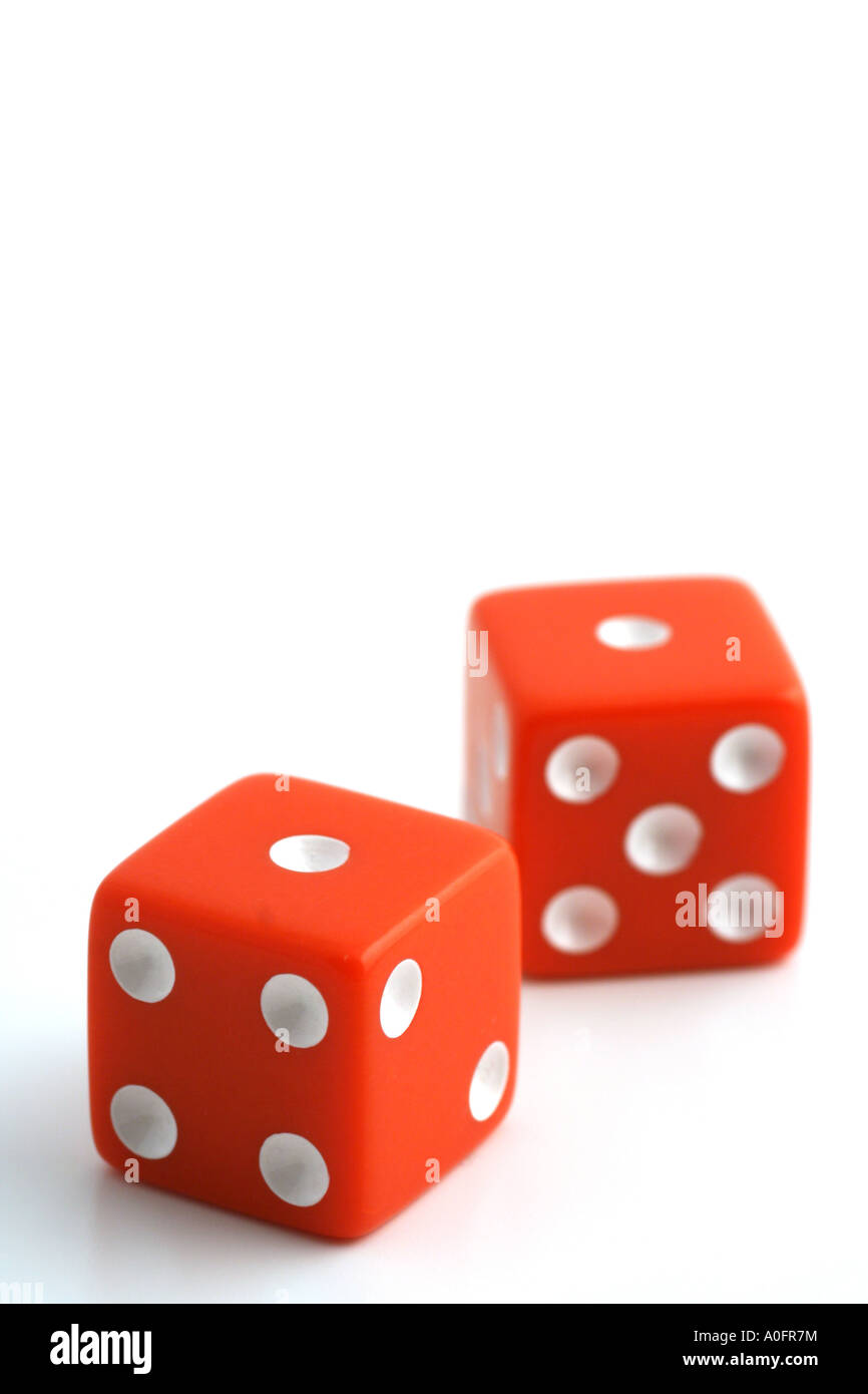 Two red dice with white spots, showing double one Stock Photo - Alamy