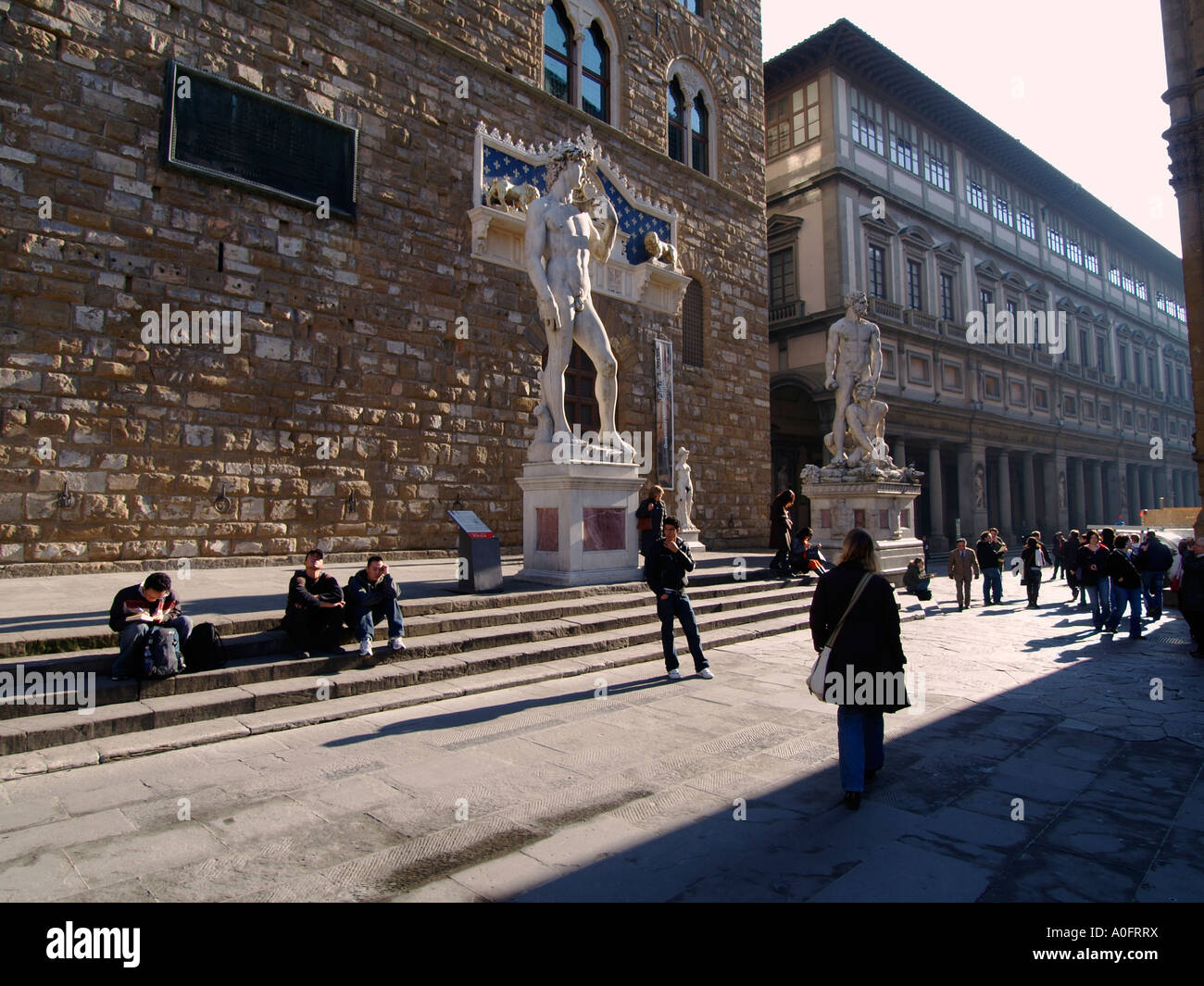 Statues incl David by Michelangelo in front of Palazzo Vecchio on ...