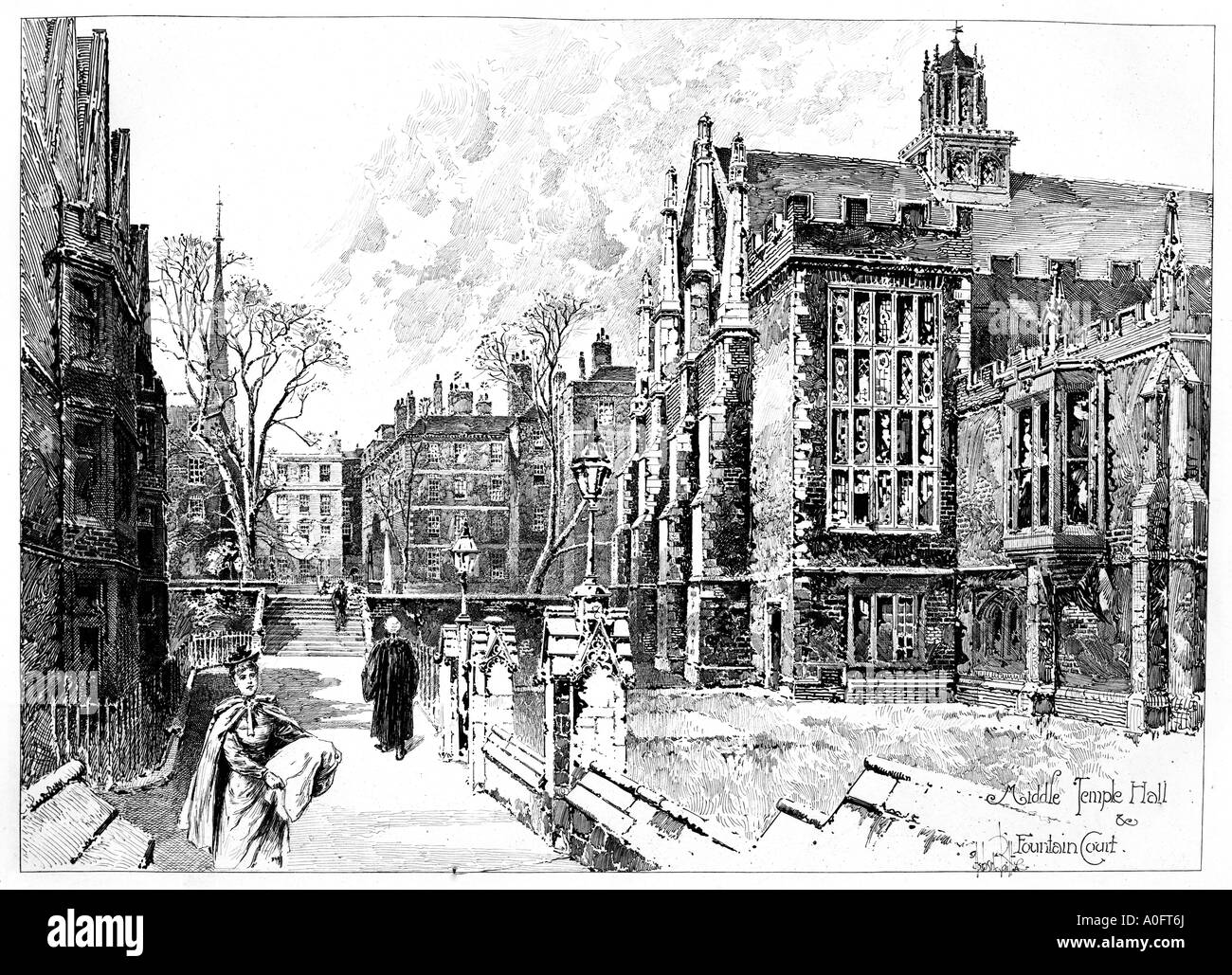 Middle Temple Hall and Fountain Court 1892 Late Victorian engraving of ...