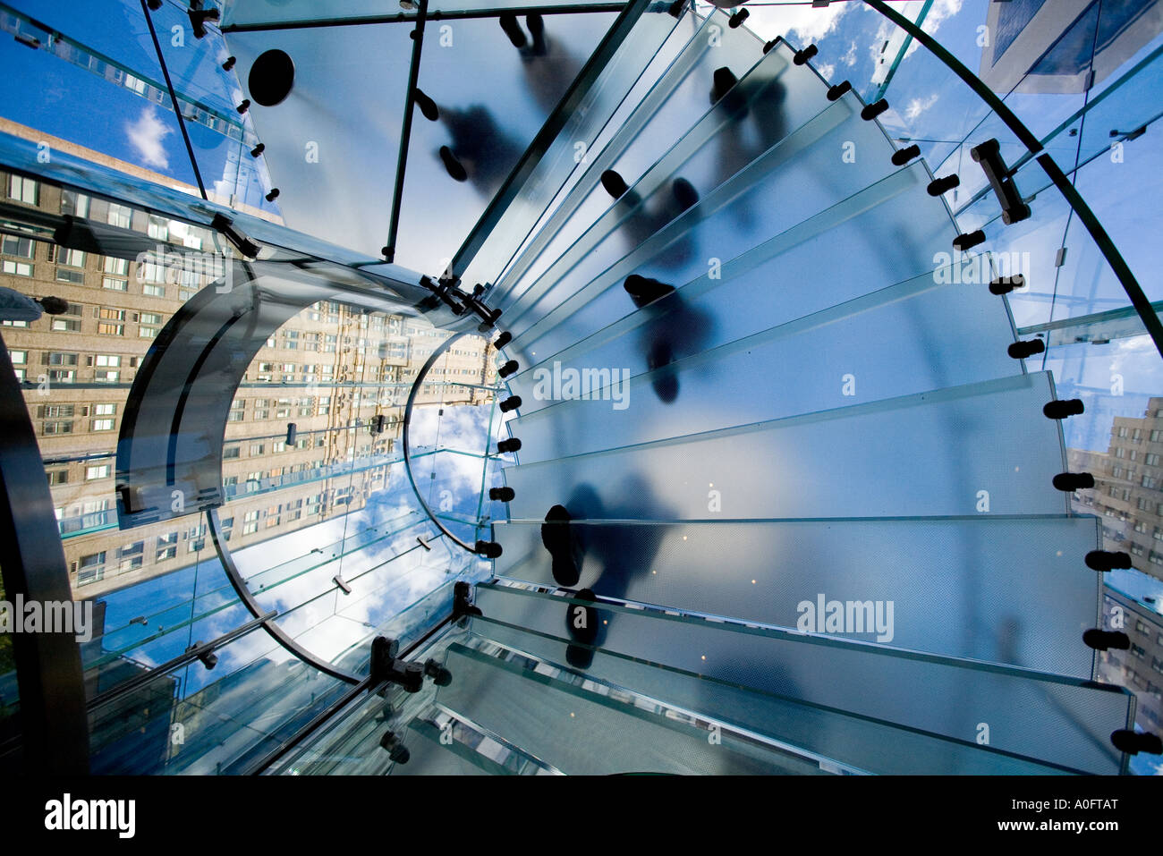 glass staircase in apple store on fifth avenue seen from below with ...