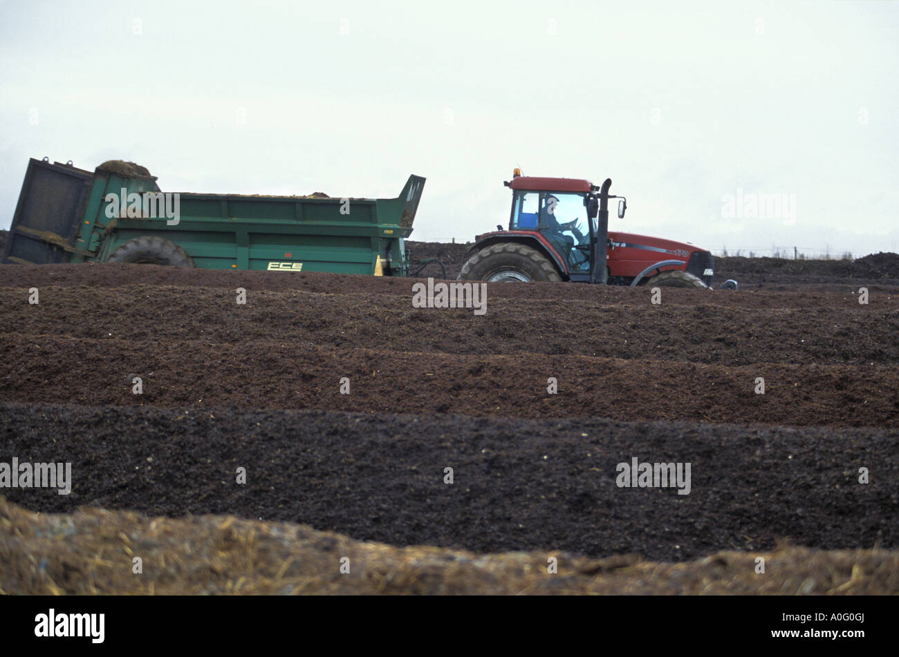 Rows of compost from waste horse stable bedding garden waste and used ...