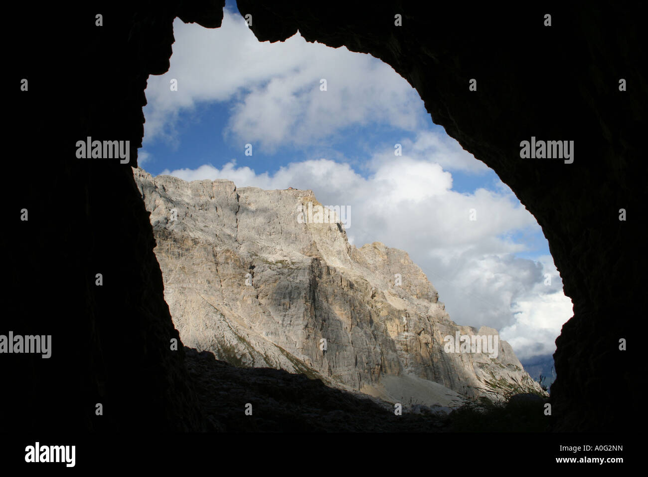 The Lagazuoi and its rifugio hut seen from a WW1 wartime cavern above ...
