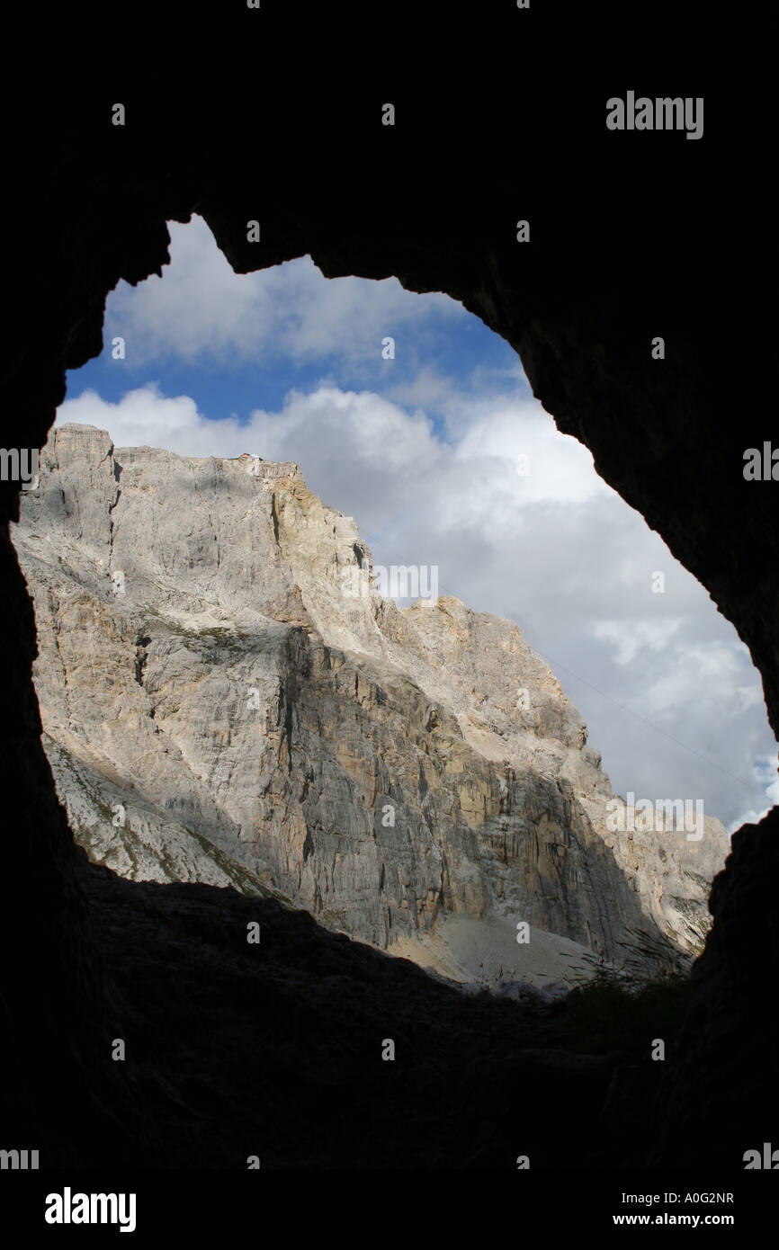 The Lagazuoi and its rifugio hut seen from a WW1 wartime cavern above ...