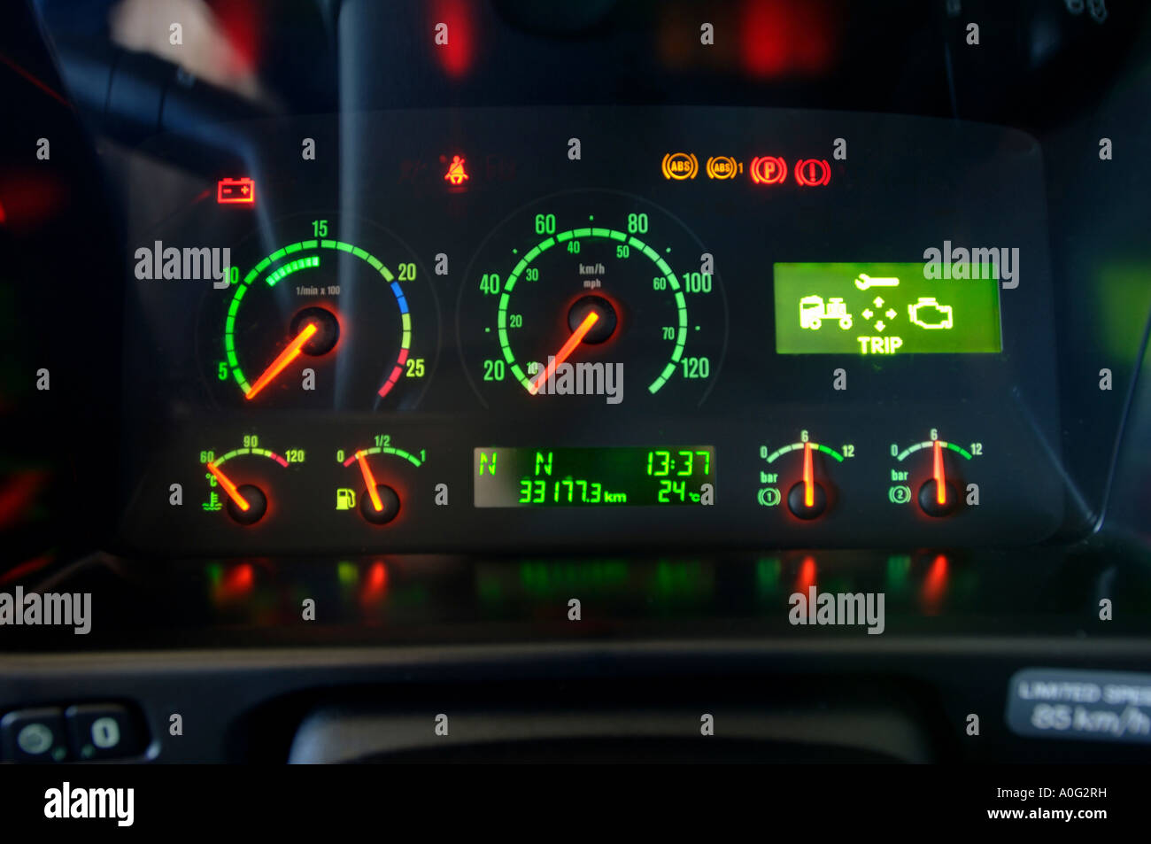 dashboard control details of scania r500 v8 lorry Stock Photo - Alamy