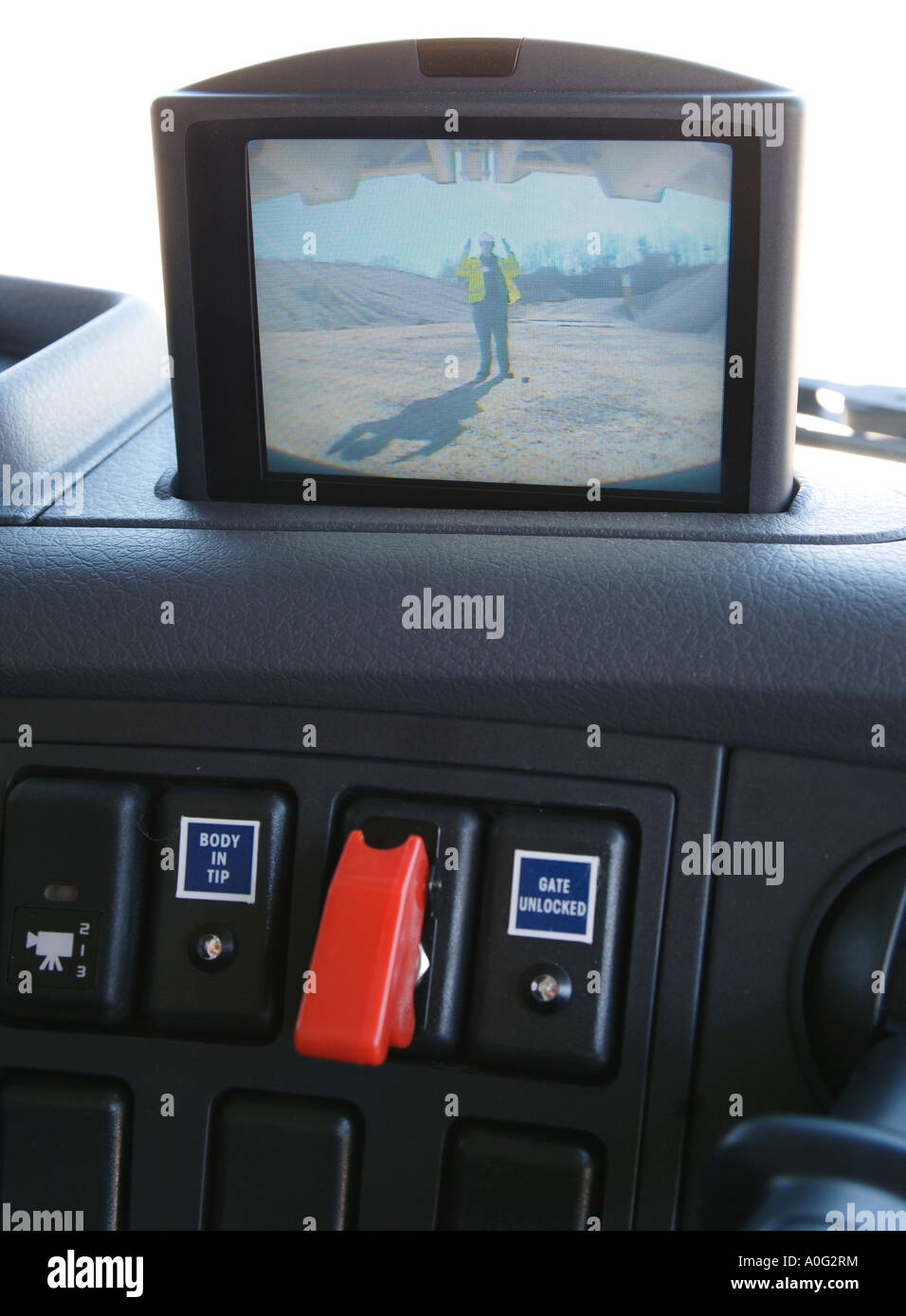 drivers eye view from an on board camera at the rear of a tipper truck ...