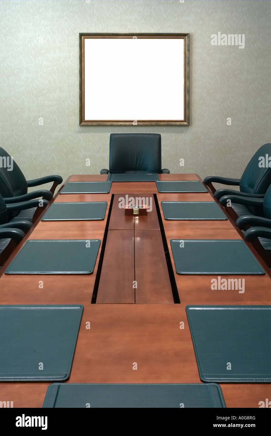 Empty Conference Room With Long Wood Table And Blank Frame Above Head ...