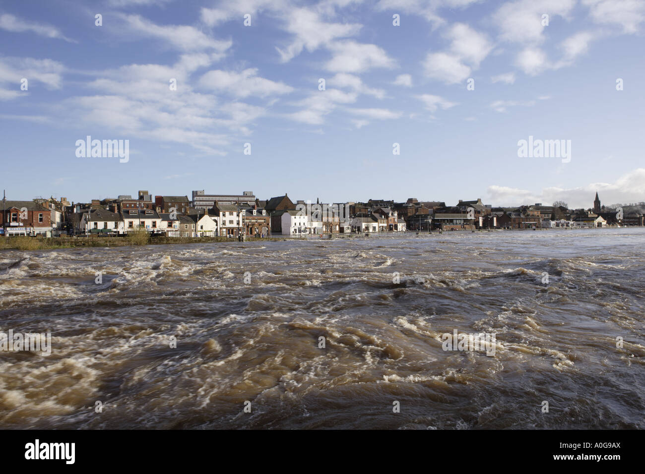 Flood the River Nith in Spate flooding the Whitesands in Dumfries town ...