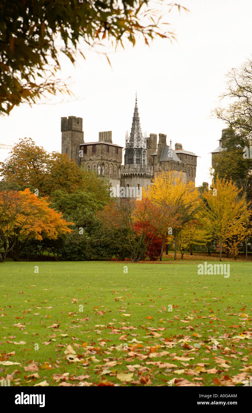 Cardiff Castle stands alongside Bute Park during autumn Cardiff Wales ...