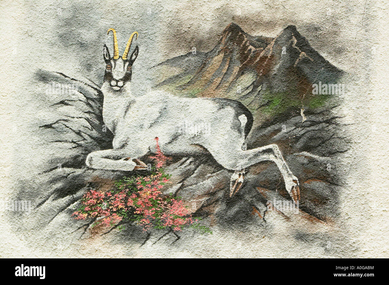 Mural of Zlatorog the mythical golden horned chamois at Lepena near ...