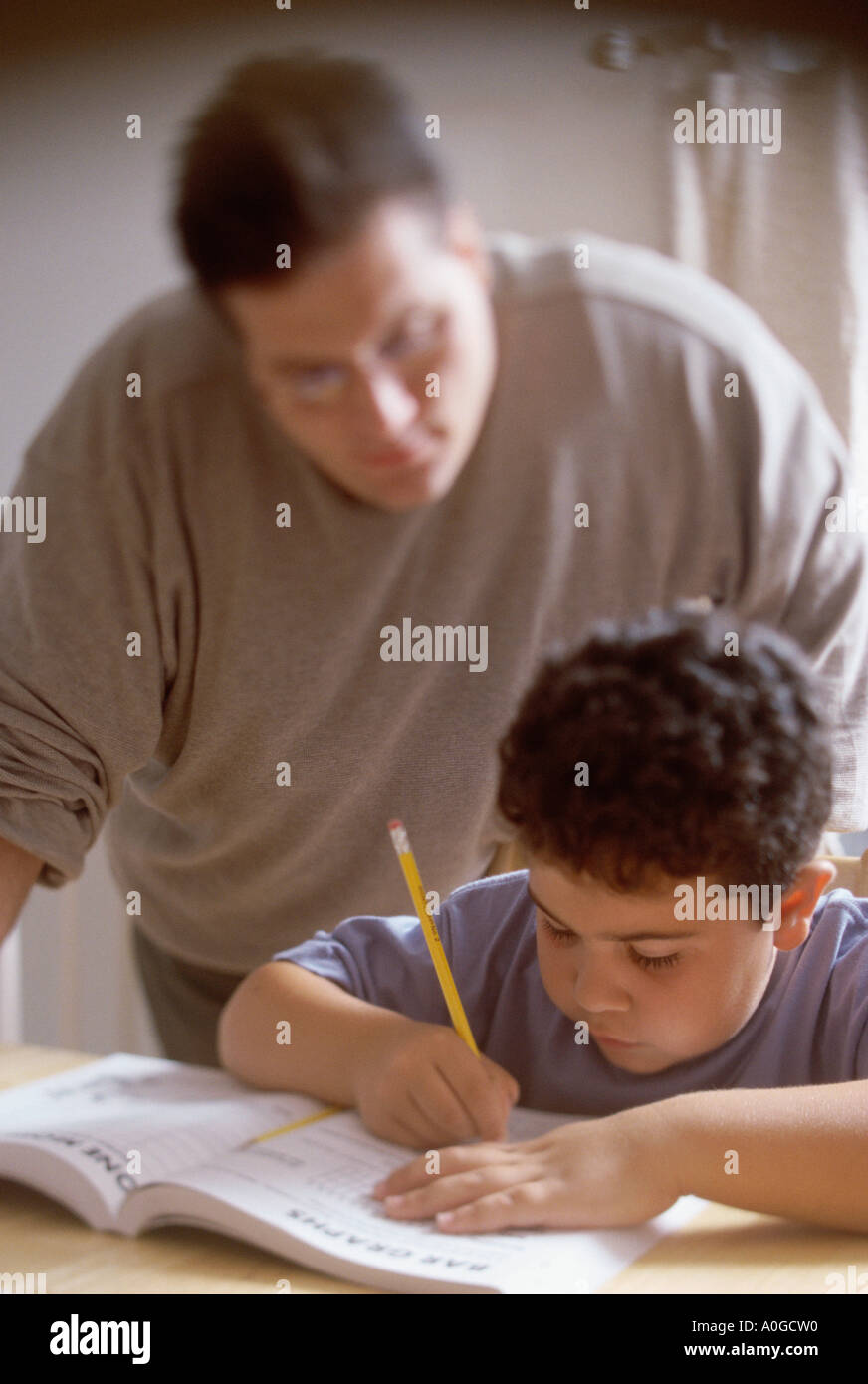 Boy writing in a book with his father standing beside him Stock Photo ...