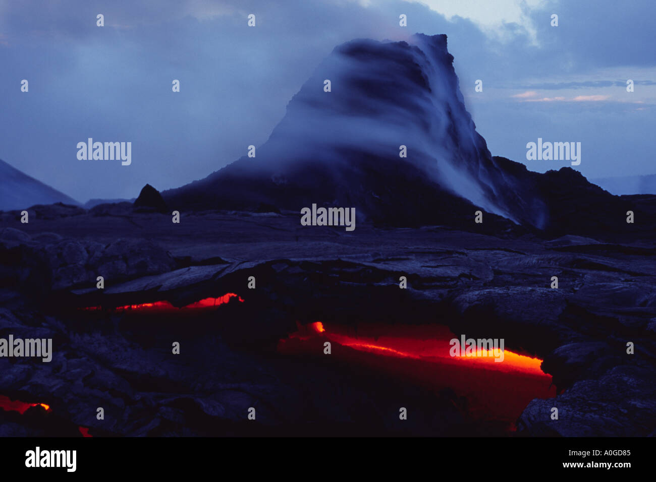 Large spatter cone and collapsed lava tube at sunrise Hawaii Volcanoes ...