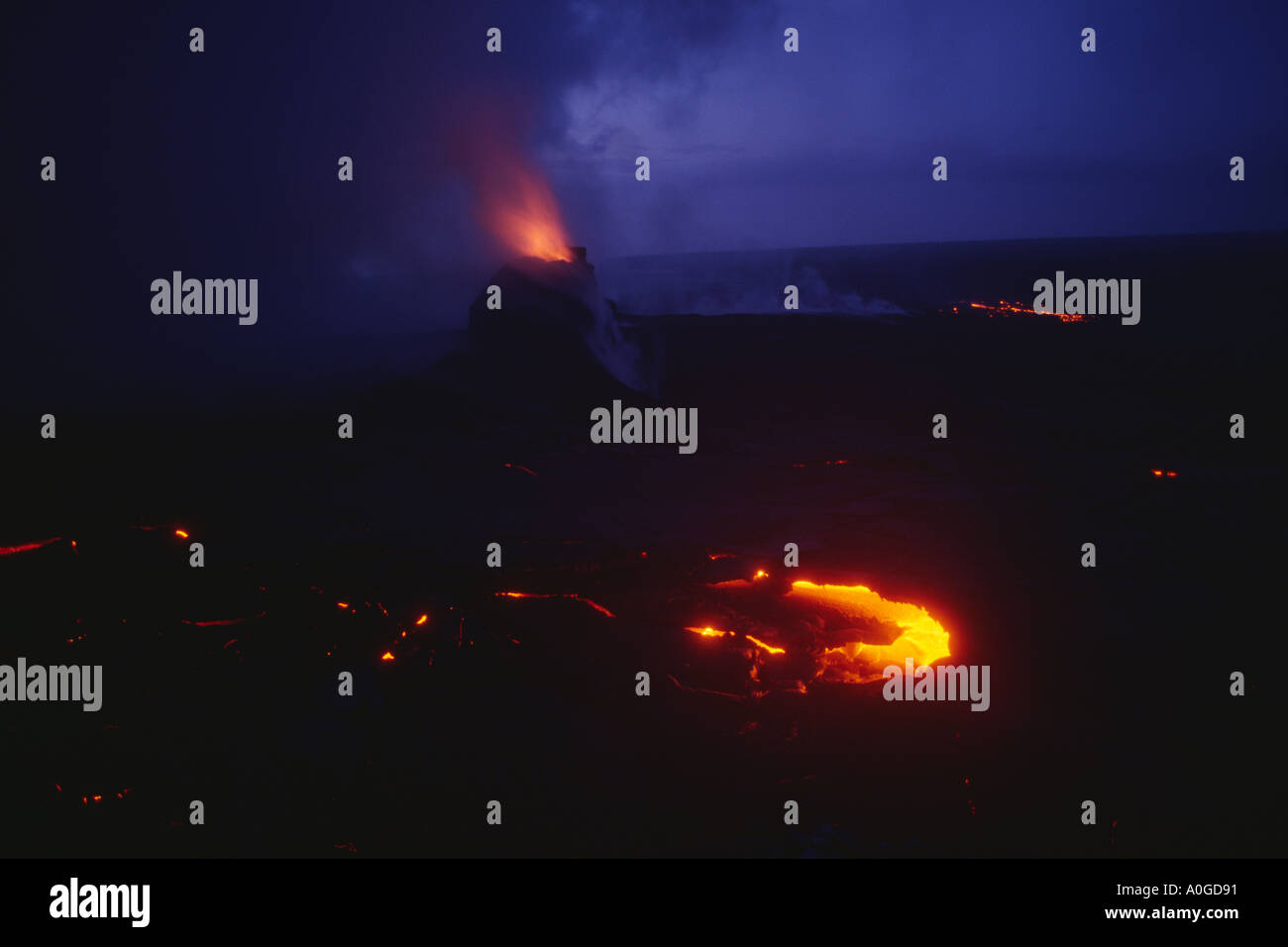 Large spatter cone and collapsed lava tube at sunrise Hawaii Volcanoes ...