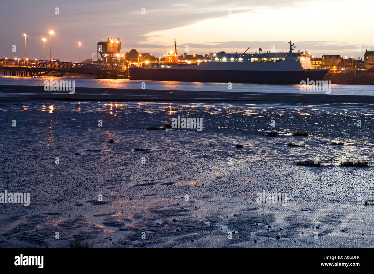 Ship docked at Fleetwood RoRo ferry terminal at nigh viewedfrom Knott ...