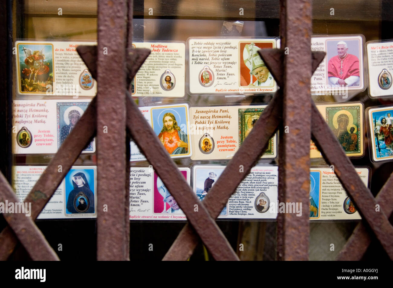 Collection of Roman Catholic christian prayer cards for sale in a shop ...