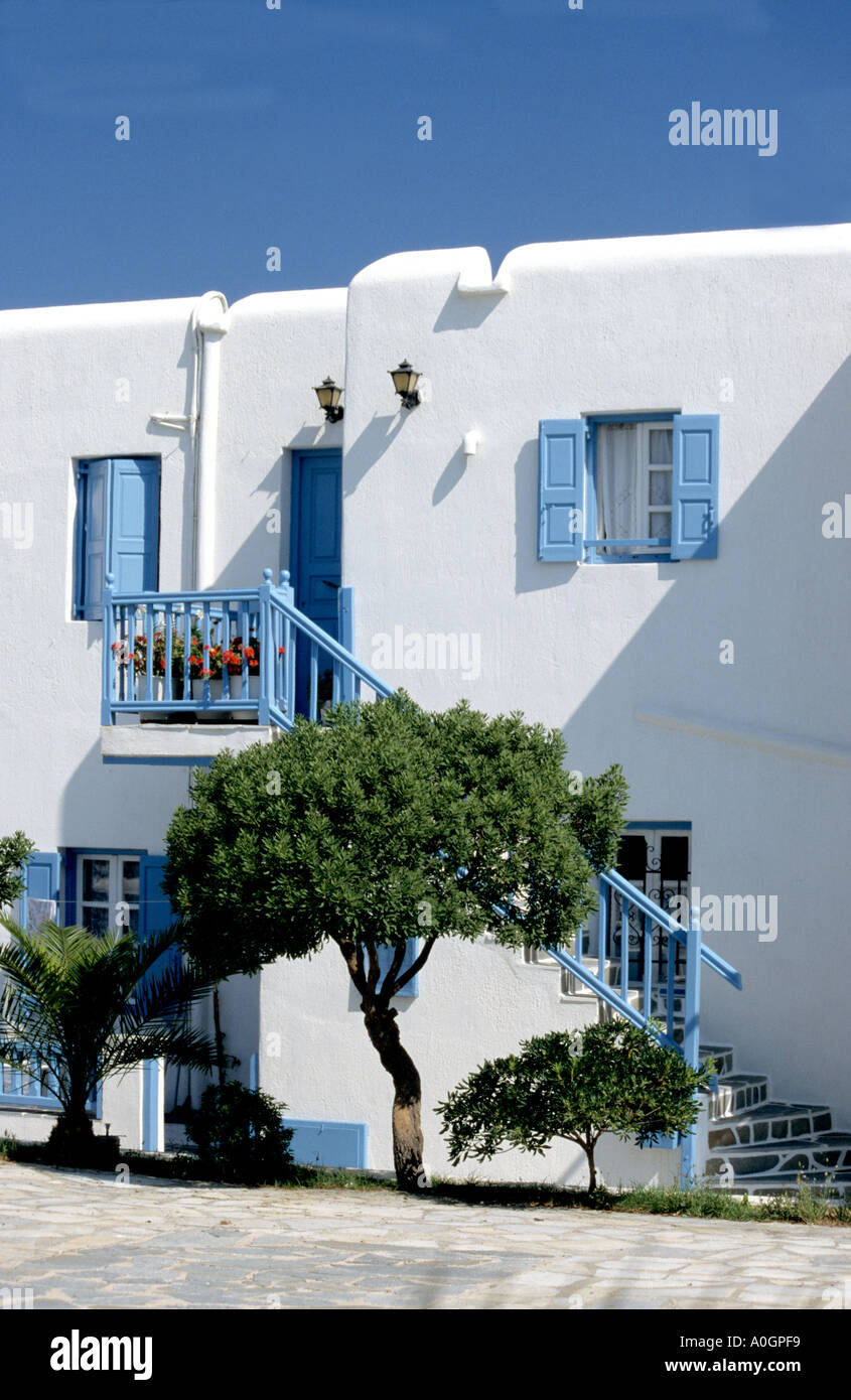 Typical blue and white painted house on the Greek island of Mykonos ...