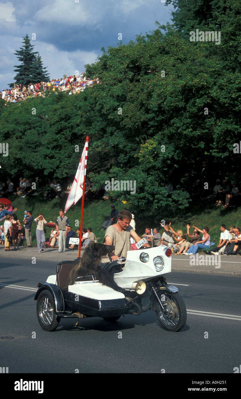 Lithuania Vilnius performing bear in a motorcycle sidecar at a parade ...