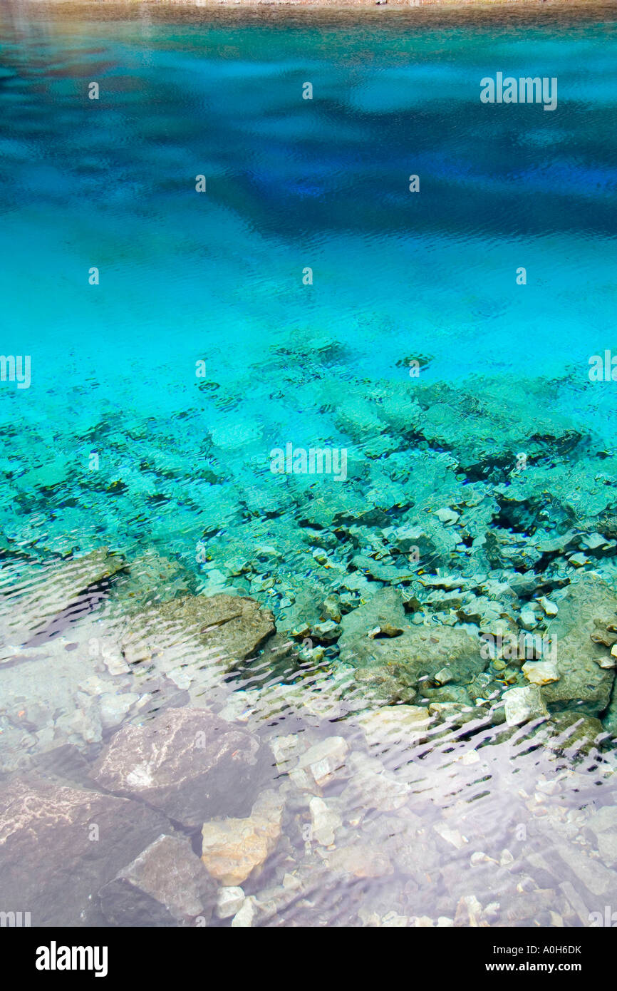 Crystal clear azure blue water of the Five Color Pond at Jiu Zhai Gou ...