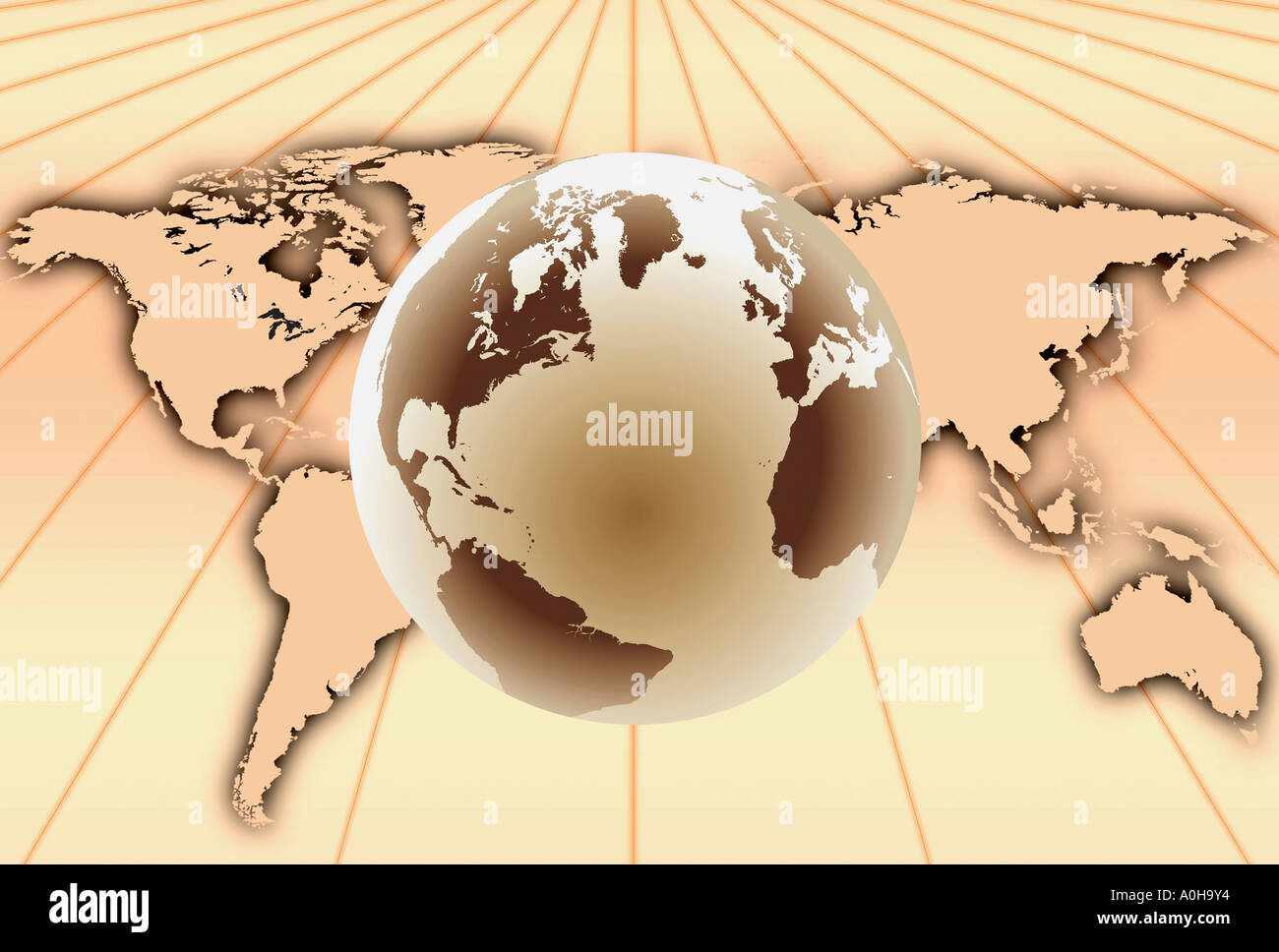 World map with a globe superimposed Stock Photo - Alamy