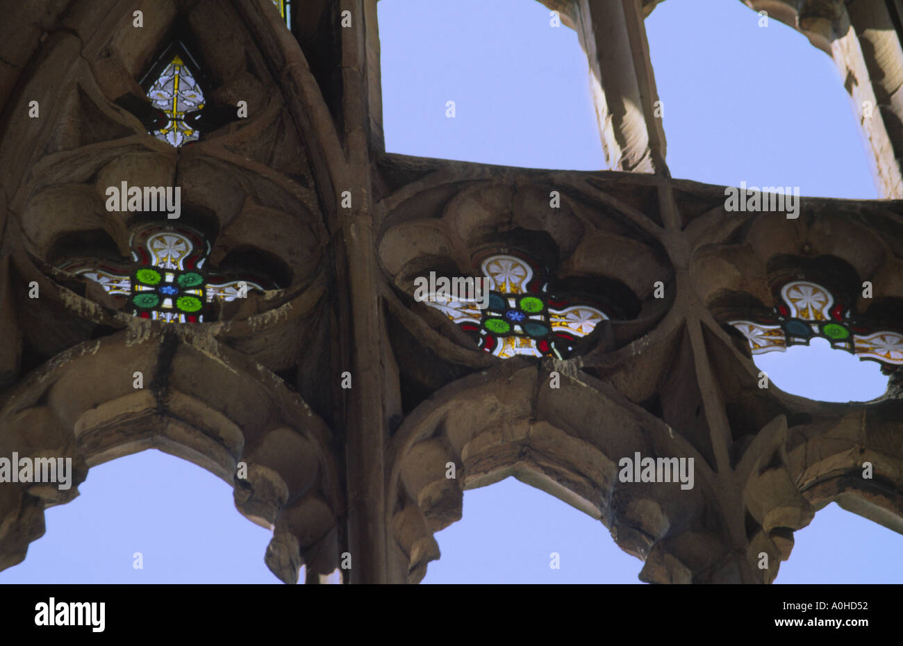 Medieval stained glass remains in tracery at the Old Coventry Cathedral ...