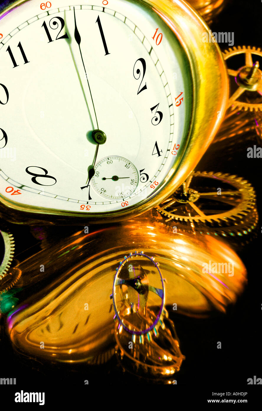 Distorted Clock face. Pocket watch. Gears and mechanical parts on black ...