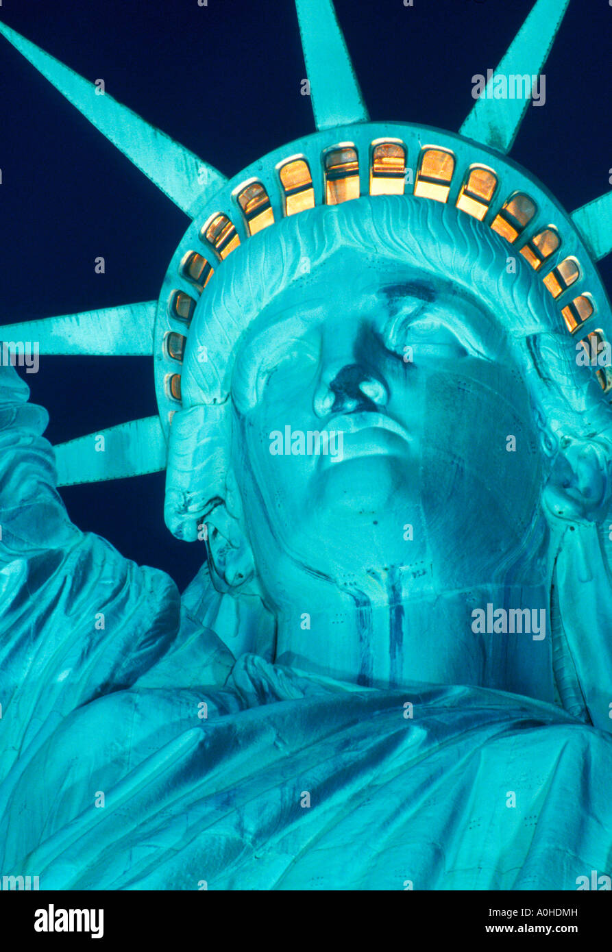 Statue of Liberty New York night close up or closeup. Head, face and ...